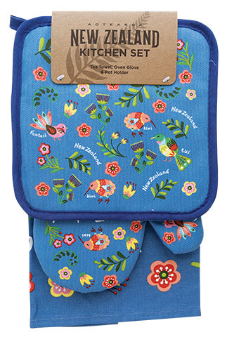 Oven Glove and Tea Towel Set - Manu Blue – Souvenir Factory Shop
